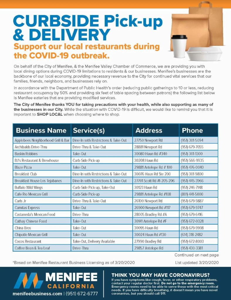 City of Menifee offers list of restaurants offering curbside, delivery ...